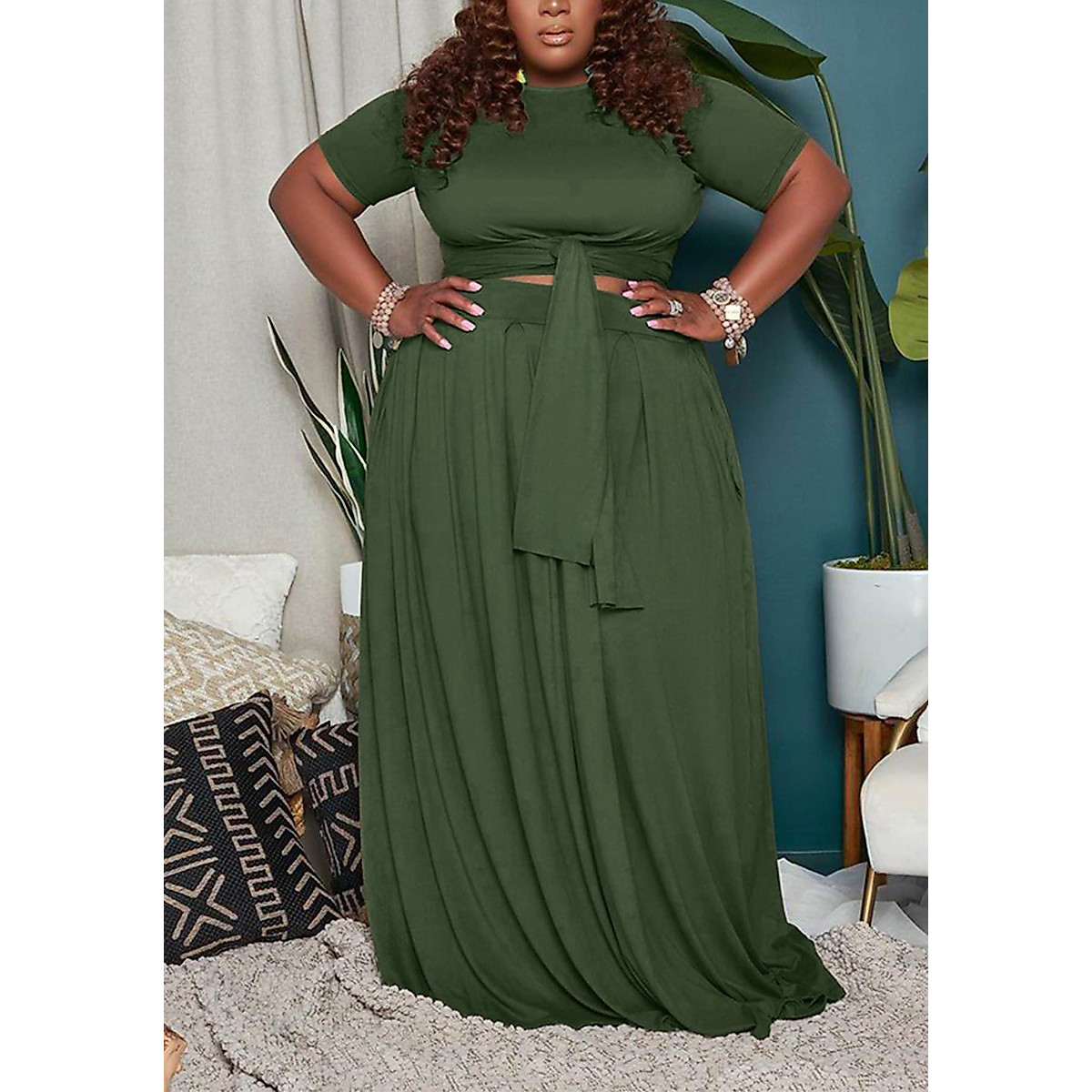 Summer Women's Plus Size 2 Piece Dress Sets Printed High Waisted Maxi Dress Sets Clubwear Tracksuit-Green
