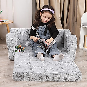 MOMCAYWEX Kids Extra Wide Glow in The Dark Chairs for Toddler, 2-in-1 Toddler Soft Sherpa Couch Fold Out, Convertible Sofa to Lounger for Girls and Boys, Dark Grey