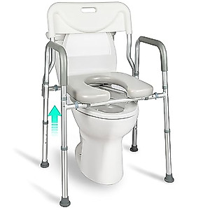 4-in-1 Raised Toilet Seat with Handles and Backrest, Bedside Commode Chair with 5L Collapsible Bucket, 330lbs Stand Alone Raised Toilet Seat, Toilet Safety Frame for Elderly, Pregnant, Disabled