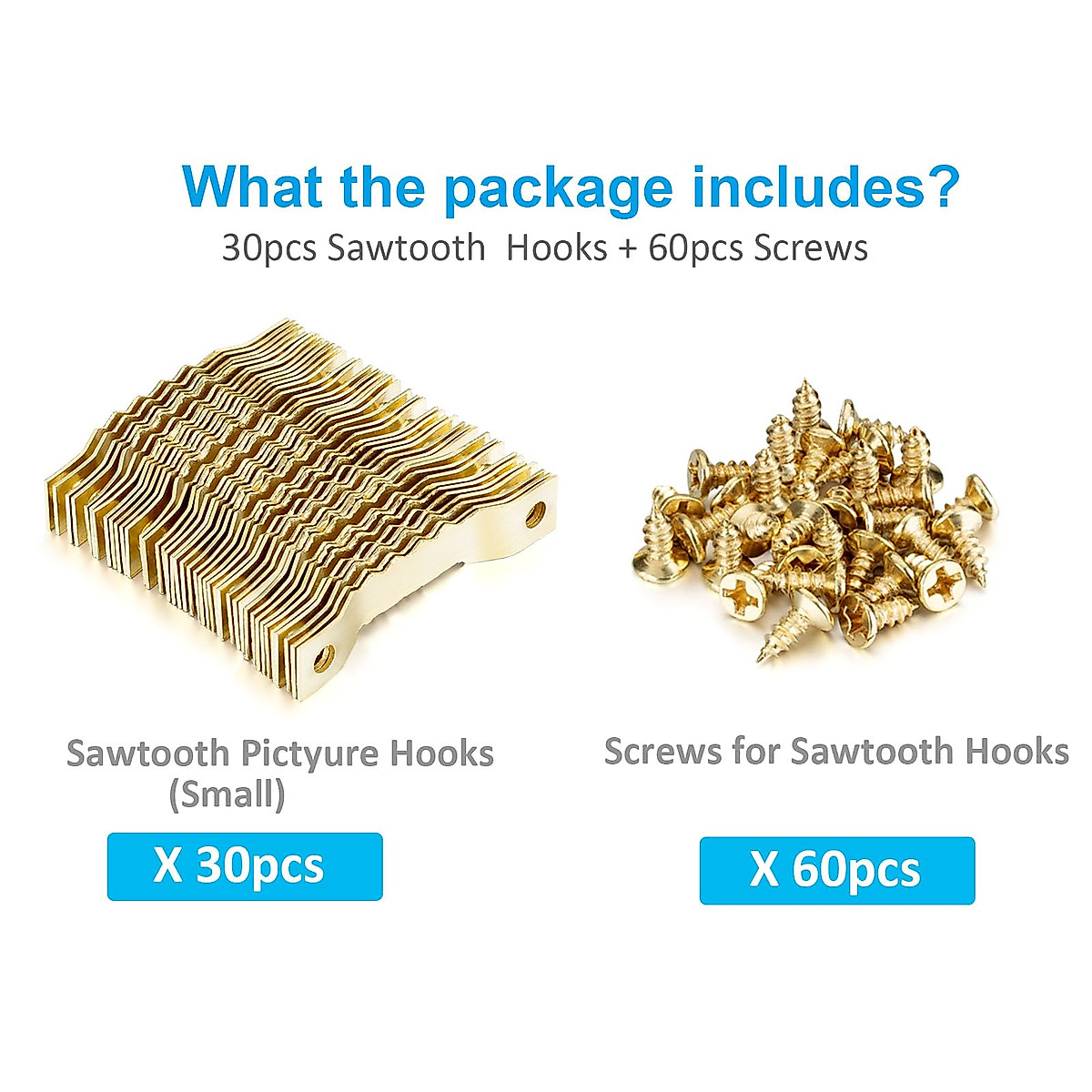 YHYZ Sawtooth Picture Hangers Bulk (Small ), 30pcs Gold Sawtooth Hangers / Hooks with 60pcs Screws, for Picture Frame Painting Photos Artwork Clock Home Decoration (30 Sets, Small)