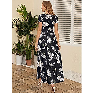 ZABERRY Womens Floral Maxi Dresses Summer Short Sleeve Round Neck Long Dress Lily Floral L