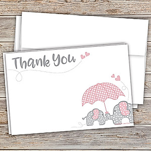 Pink Elephant Girl Baby Shower Thank You Note Cards (20 Count) - With Envelopes
