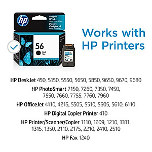 Original HP 56 Black Ink Cartridge | Works with HP DeskJet 450, 5000, 9600; PhotoSmart 7000; OfficeJet 4000, 5000, 6110; Digital Coper Printer 410; PSC 1000, 2000; Fax 1240 Series | C6656AN