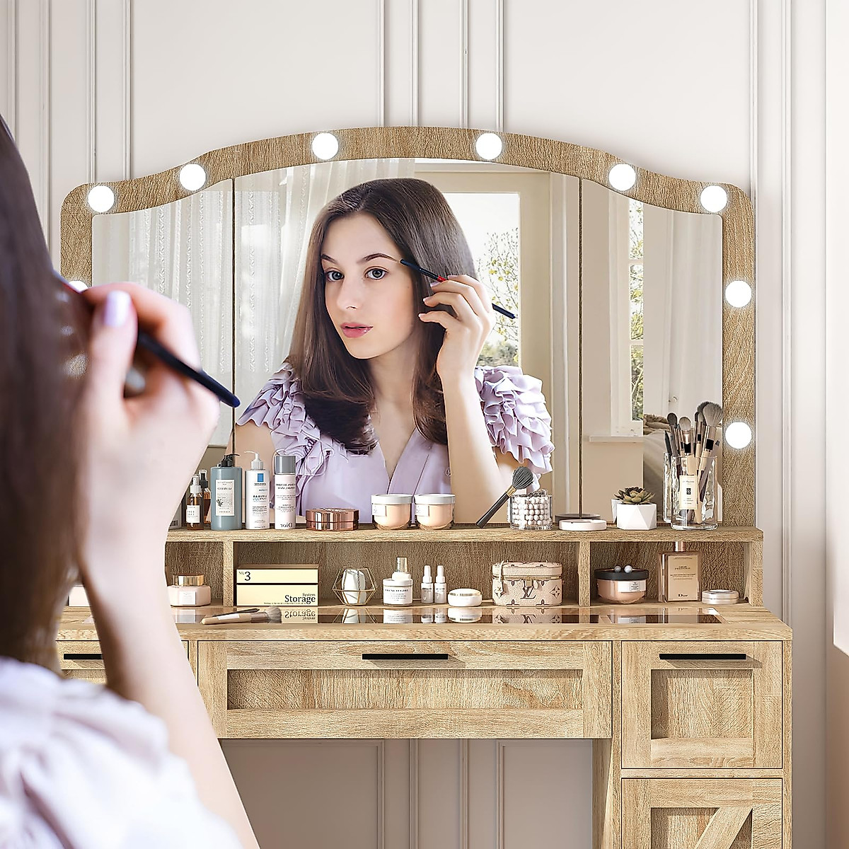 usikey Farmhouse Vanity Desk with Large Lighted Mirror and 10 Lights, 43.3" Glass Tabletop Makeup Vanity with 3 Drawers, Large Vanity Tabel Set with Long Storage Shelf, 2 Cabinets and Stool, Maple