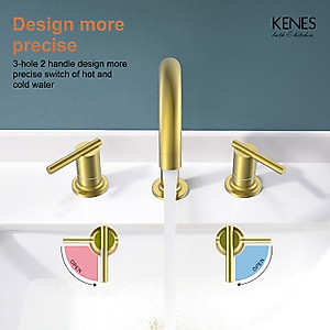 KENES Brushed Gold Two Handle 8 Inch Widespread Bathroom Sink Faucet, Gold High Arc Lavatory Vanity Sink Faucet 3 Hole with Pop Up Drain & Water Supply Hoses LJ-9018-4