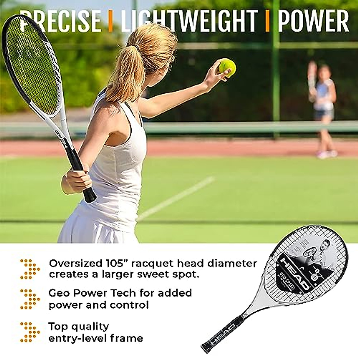 HEAD Geo Speed Adult Tennis Racket - Pre-Strung Head Light Balance 27.5 Inch Racquet - 4 3/8 In Grip, Black/White