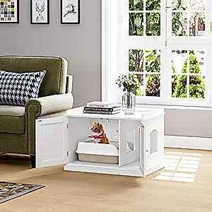 PAWLAND Cat Litter Box Enclosure, Litter Box Furniture Hidden, Indoor Cat Toilet House for Pet Cat, Cat House Side Table with Vent Holes, White