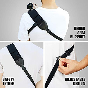 USA GEAR Camera Sling Shoulder Strap with Adjustable Neoprene, Safety Tether, Accessory Pocket, Quick Release Buckle - Compatible with Canon, Nikon, Sony and More DSLR and Mirrorless Cameras (Black)