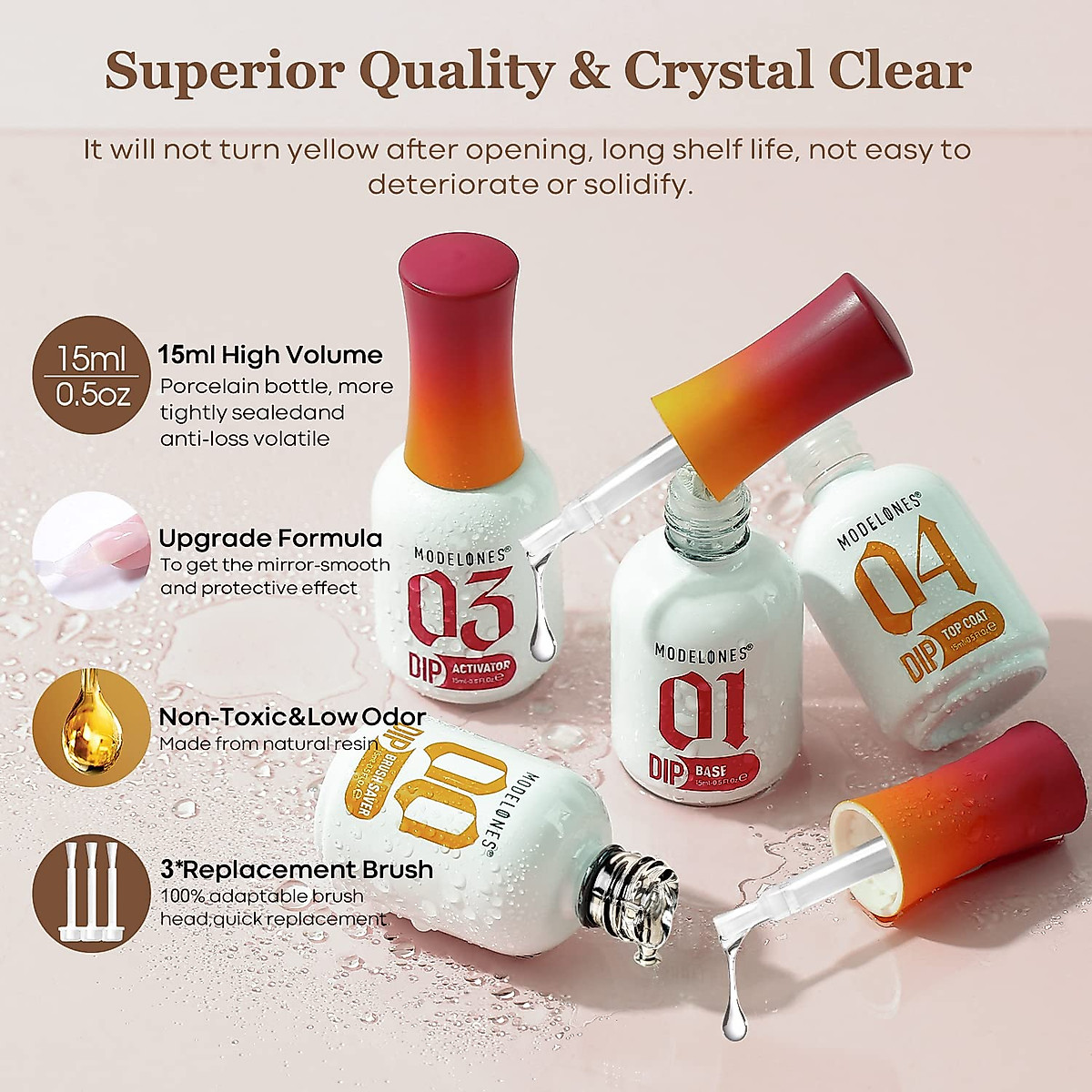 Modelones 4+4 Pcs Dip Powder Liquid Set, Dipping Powder System Set with Base Coat/Top Coat/Activator/Brush Saver/Manicure Tools for Nail Art DIY Salon