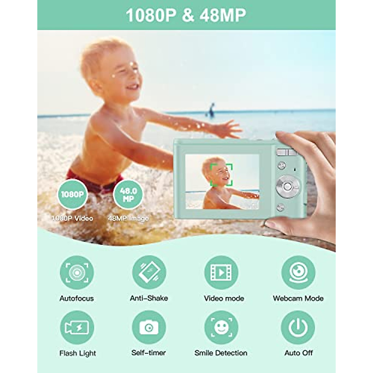 Digital Camera for Kids,1080P 48MP Autofocus Kids Camera with 32GB SD Card, Kids Digital Video Camera with 16X Zoom, Compact Portable Mini Cameras for Kids, Girls, Boys, Teens (Green)