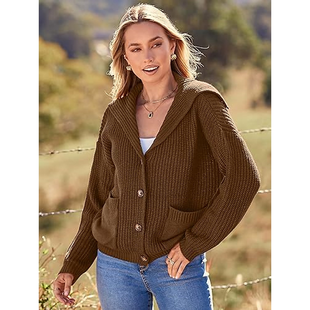 PRETTYGARDEN Women’s Cardigan Button Down Long Sleeve Open Front Short Loose Knit 2024 Fall Sweaters with Pockets Black