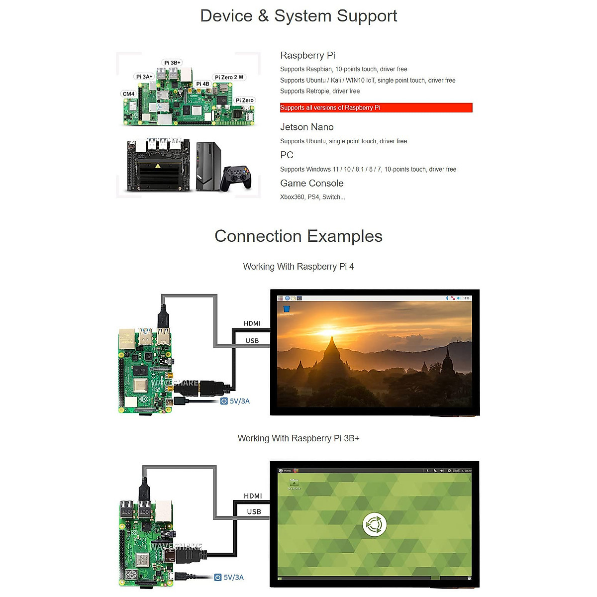 waveshare 10.1inch Capacitive Touch Screen LCD Compatible with Raspberry Pi 5/4B/3B+/3A+/2B/B+/A+/Zero/Zero W/WH/Zero 2W CM3+/4 1024×600, HDMI IPS 10-Points Touch Supports Windows/Jetson Nano