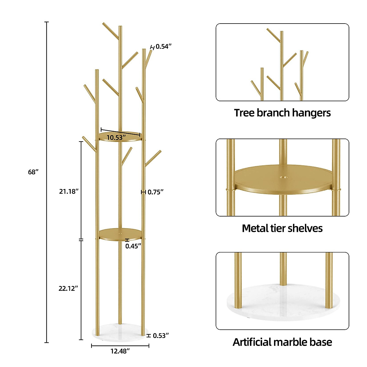 MOUTIK Metal Gold Coat Rack, Tree Hanger Freestanding Coat Racks with 3 Storage Shelves and 9 High-grade Hooks and Stable Marble Base, for Jackets Hats Bags Purses Entryway Hall Bedroom