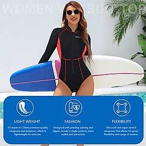CtriLady Women Neoprene Wetsuit, Shorty Wetsuit for Women, 1.5mm Long Sleeve Diving Suits with Front Zipper UV Protection for Swimming Diving Snorkeling (Red,S)