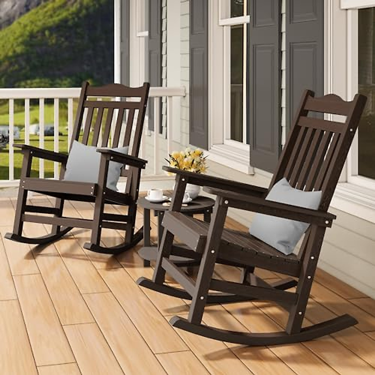 DWVO Patio Rocking Chair, All-Weather Resistant Outdoor Indoor Polyethylene Patio Rocker Chair with Cushion, Comfortable and Easy to Maintain Rocker for Balcony, Backyard and Living Room(Brown)