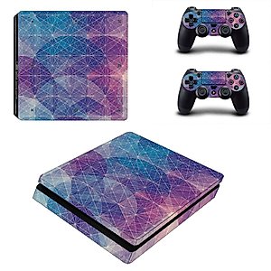 eSeeking Whole Body Vinyl Skin Sticker Decal Cover For PS4 Slim Console and 2PCS Controller Blue and Purple Geometric Grid and Circular