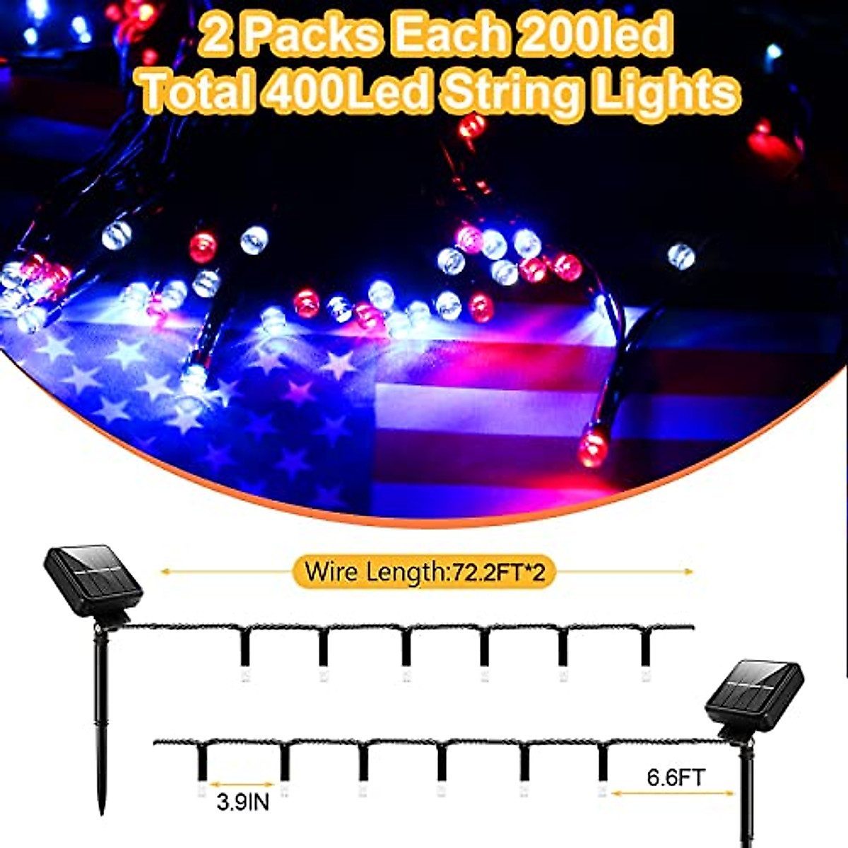 Red White Blue Solar String Lights Outdoor, 2 Sets Each 72.2Ft 200Led Patriotic Lights, 4th of July Decoration Green Wire Lights with 8 Modes for Memorial, Independence Day, Garden, Patio, Yard
