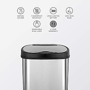 NINESTARS CB-DZT-50-13/12-13 Automatic Touchless Infrared Motion Sensor Trash Can Combo Set, 13 Gal 50L & 3 Gal 12L, Stainless Steel Base (Oval, Silver/Black Lid)