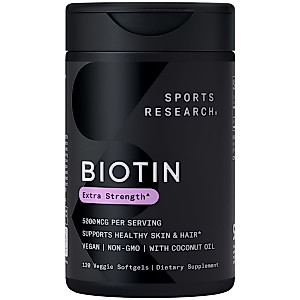 Sports Research Vegan Biotin 5000mcg with Organic Coconut Oil - Extra Strength Biotin Vitamin B7 for Healthier Hair & Skin + Keratin Support - Non-GMO & Gluten Free, 120 Softgels (4 Month Supply)