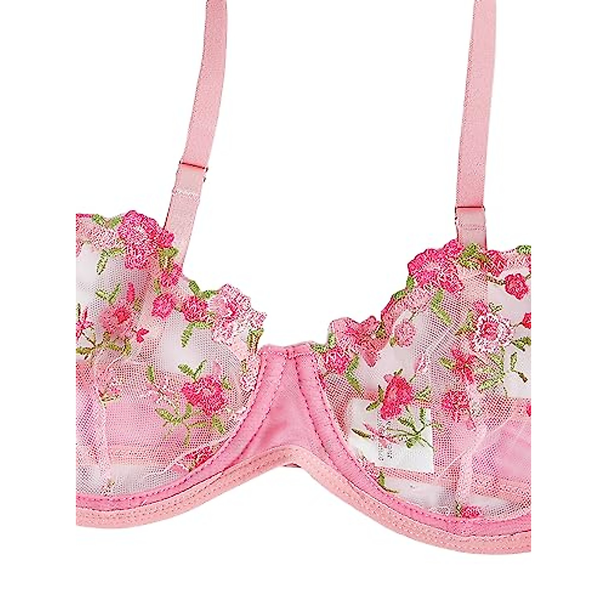 WDIRARA Women's Floral Embroidery Underwire Lingerie Set Mesh Bra and Panty Set Pink S