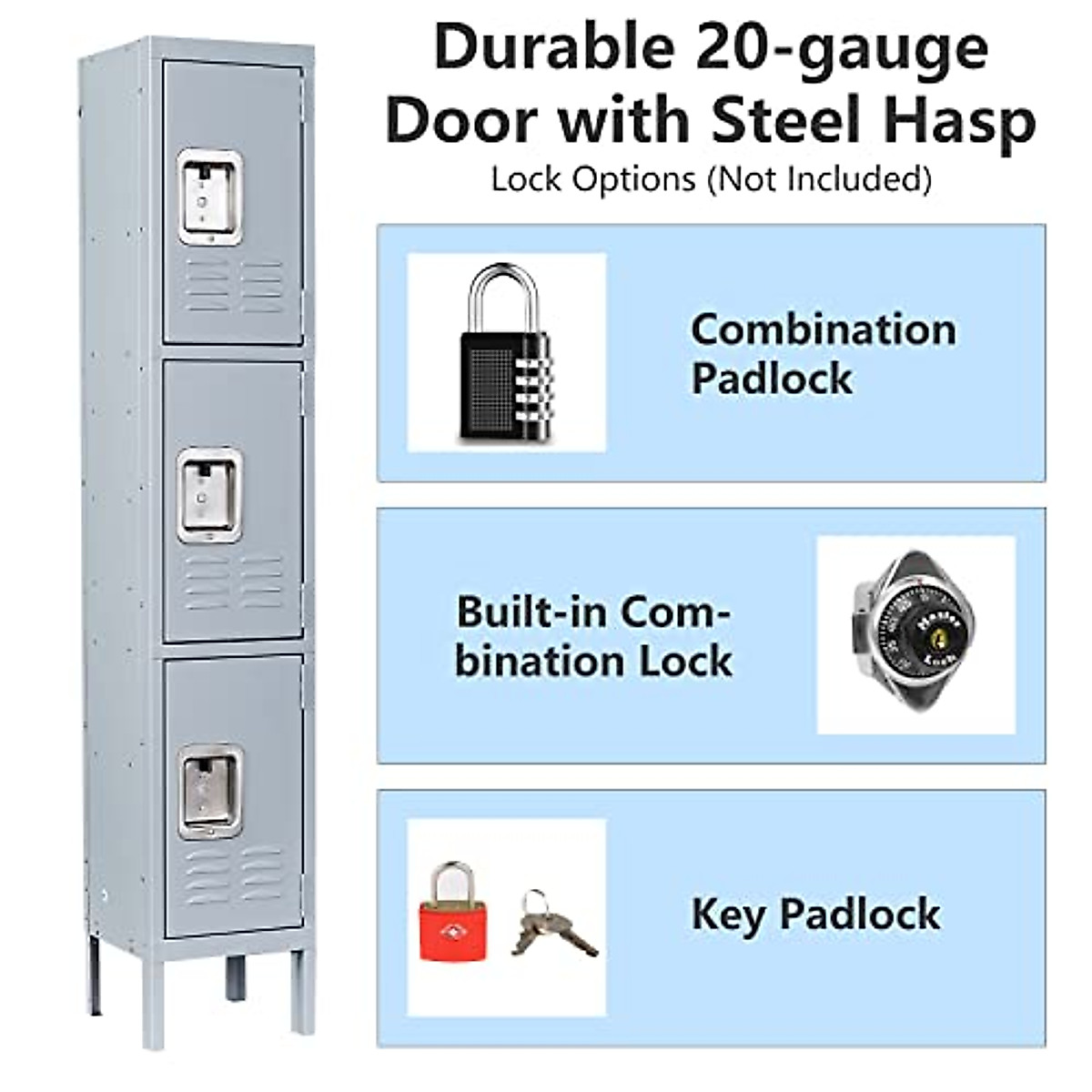 MIIIKO Employee Lockers, Metal Cabinet 3 Doors, Gym Locker with Hooks, 3 Tier Shelves Storage Locker Organizer for School Kids, Home Office Bedroom