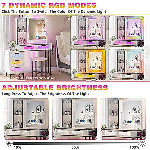 MDGC RGB Make Up Vanity with Wireless Charging Station,7 Dynamic&7 Static Dimmable Vanity Desk with Swivel Mirror and Lights,Makeup Vanity Table with Stool,5 Drawers,Glass Top,Open Shelf