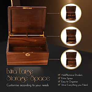 Moettik Premium Storage Box -Acacia Wooden Smell Proof Locking Storage Box with Accessories Removable Wood Tray, Glass Jars, Metal Tube, Ceramic Tray, Brush, Brown Upgraded Design