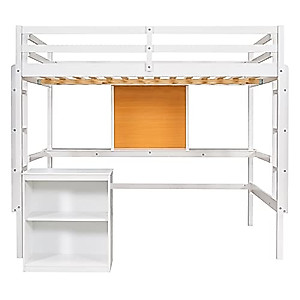 Lifeand Full Size Loft Bed with Desk and Writing Board, Wooden Loft Bed with Desk & 2 Drawers Cabinet,White