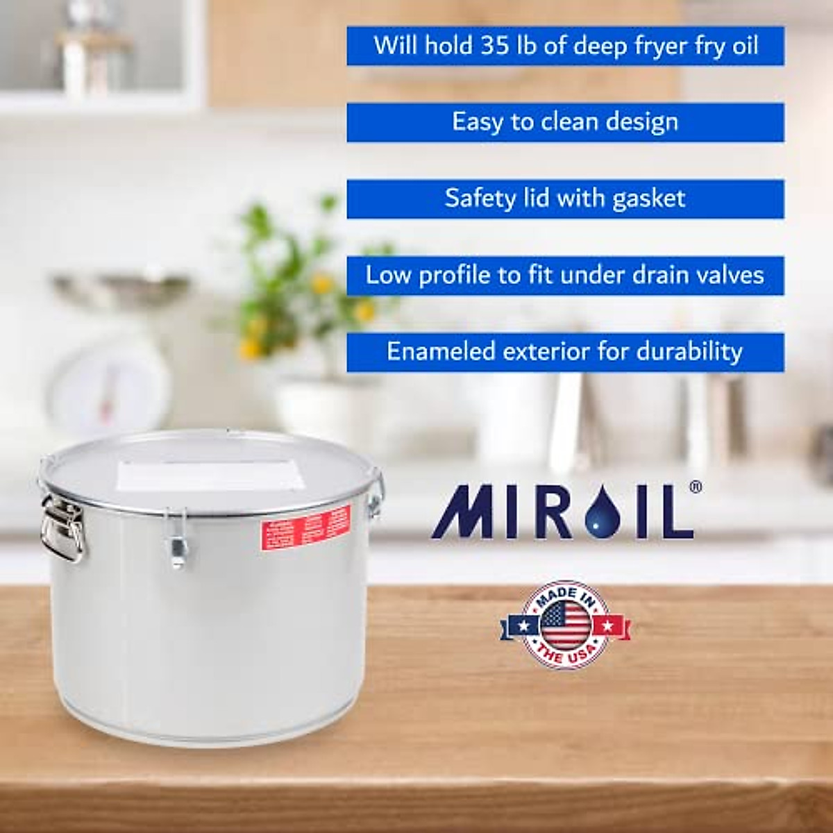 MirOil #60L - 7 Gal Grease Bucket & Oil Filter Pot, Gasket Safety Lid with Quick Lock Clips, For Fryer Oil Capacity Up to 55 lbs. Low Profile To Fit Under Drain Valves, For Filtering of Hot Oil