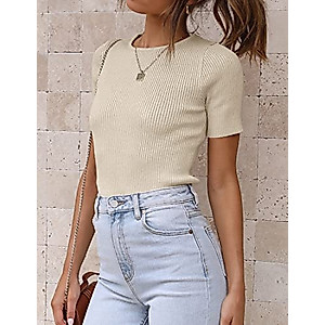 ZESICA Women's Short Sleeve Crewneck Ribbed Knit Slim Fit T Shirt 2023 Summer Casual Solid Color Tee Tops,Almond,Small