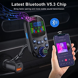 Bluetooth 5.3 FM Transmitter for Car- SOARUN Bluetooth Car Adapter PD30W & USB Port Fast Charge - HiFi Treble & Bass Player - 1.6" Display Hands-Free Calling - Car Radio with AUX Input/Output, TF Card