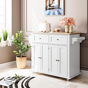 GAOMON Kitchen Island Car with Storage, Wood Top Rolling Mobile Carts on Wheels with Drawer and Storage Cabinet, White