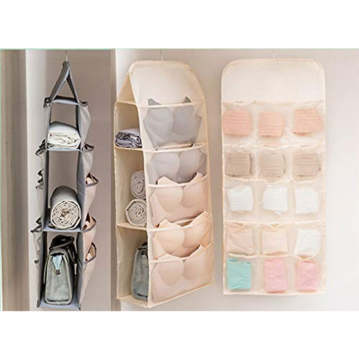 LCXEGO Dual Side Closet Hanging Organizer,3 Shelf Hanging Closet Organizer with Rotating Hanger and Mesh Pocket Bra Underwear Socks Towel Handbag Storage Oxford Bags (3+5+15Pockets,Beige)