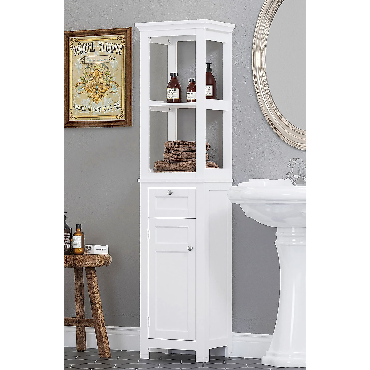 Spirich Home Bathroom Freestanding Storage Cabinet with Two Tier Open Shelves, Tall Slim Cabinet with Door and Drawer, Floor Linen Tower (White)