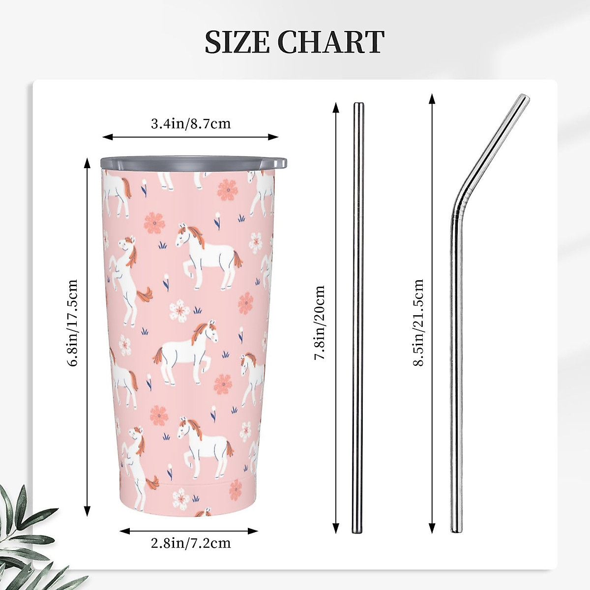 20 Oz Tumbler with Lid and Straw, Cartoon Cute Horse Flower Pink Insulated Tumbler Stainless Steel Cups, Personalized Coffee Tumbler Travel Mug Water Bottle