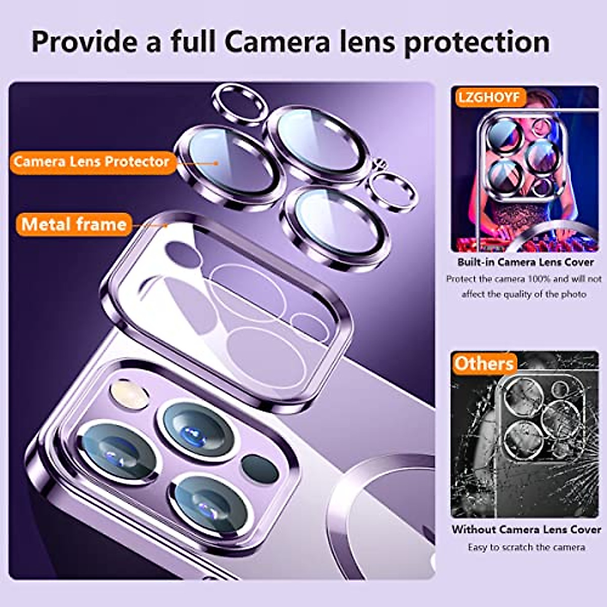 LZGHOYF Magnetic Clear Case for iPhone 14 Pro Max Phone Case Built-in Camera Lens Protector Compatible with MagSafe Slim Magnet Case for iPhone 14 Pro Max 6.7 Inches - Purple