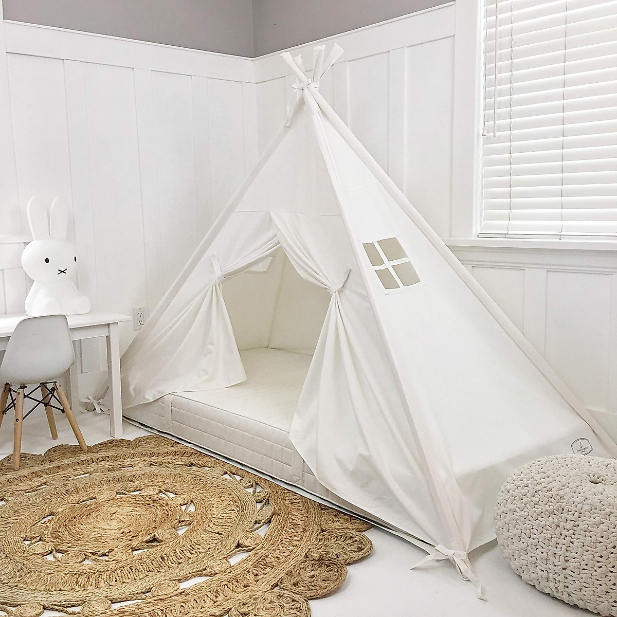 Domestic Objects | Play Tent Bed Canopy | Teepee for Mattress | Cotton Canvas | Premium Quality (Twin/Single with Door) (White)