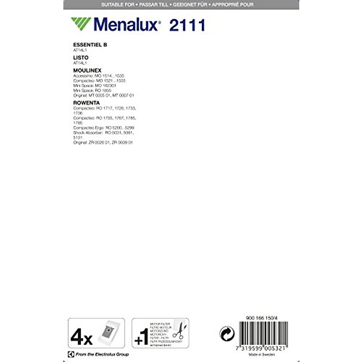 Original Branded Menalux 2111 4 Dust Bags for Duraflow/Moulinex/Rowenta RO 52