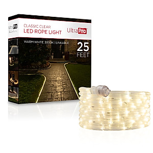 UltraPro LED Rope Lights, 25ft Classic Clear Rope, Warm White Light 3000K, Indoor/Outdoor, Flexible, Linkable, Durable, Rope Lights Outdoor, 54504