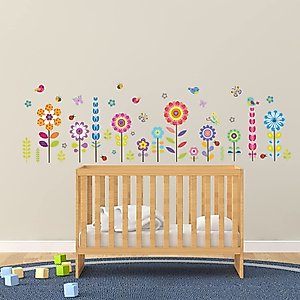 PLIGREAT 2 Sheets Colorful Flowers Wall Stickers, Peel and Stick Wall Decals, Removable Vinyl Wall Sticker Cartoon Birds Wall Decal for Nursery Bedroom Living Room Wall Art Home Wall Decorations