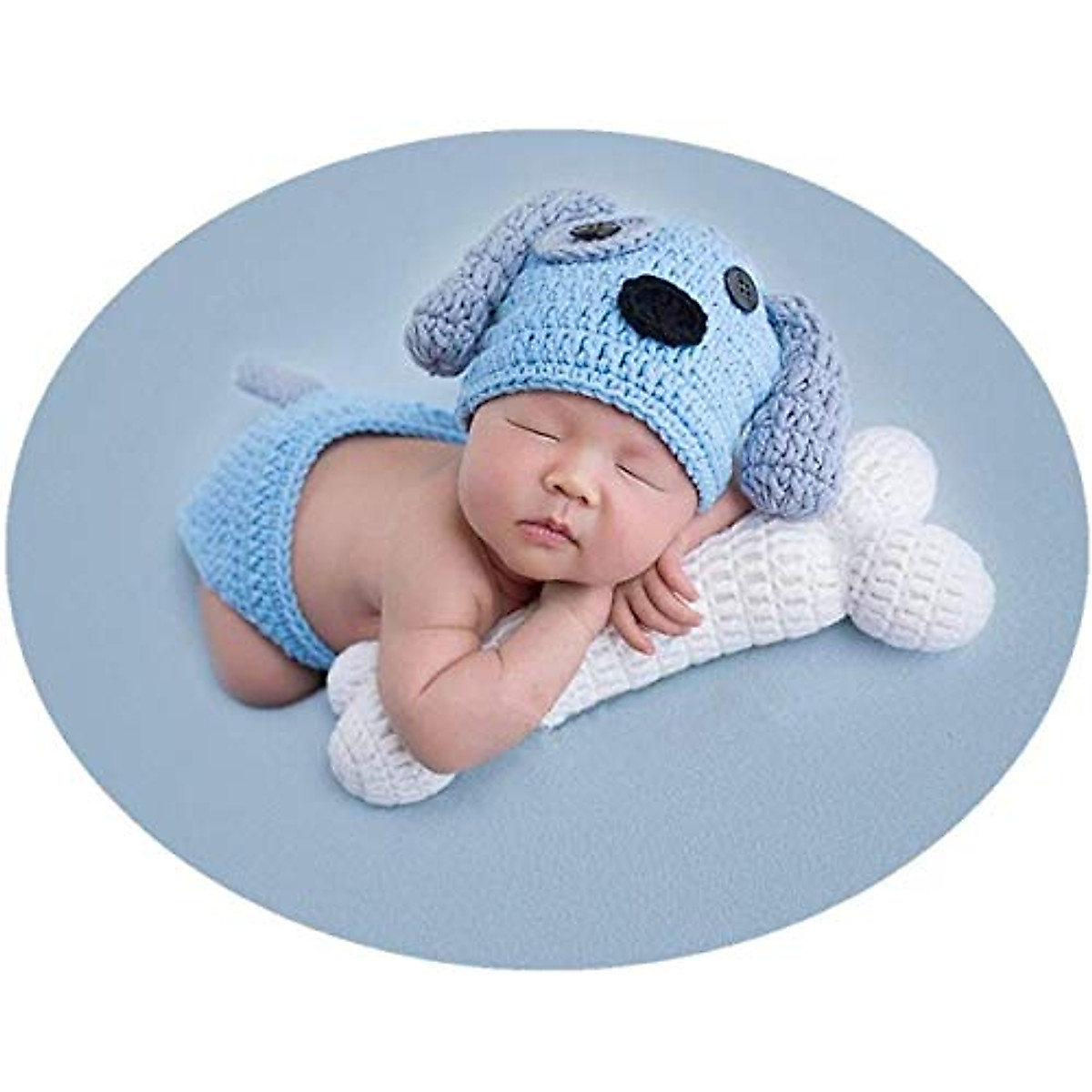 Newborn Baby Boy Girl Photo Props Outfits Crochet Knitted Dog Hat Shorts with Bone Set for Boys Girls Photography Shoot (Blue & White ，1-12 Months)