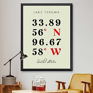 Map of Lake Texoma, United States, Multiline Coordinates Colored (8x10)