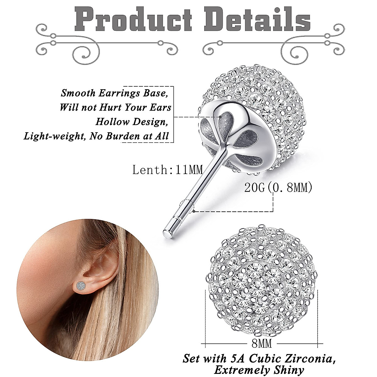 MILACOLATO 18K Gold Plated 925 Sterling Silver Stud Earrings for Women Clear Cubic Zirconia Disco Earrings Sparkle Crystal Ball Stud Earrings for Sensitive Ears Hyapollergenic, 8mm