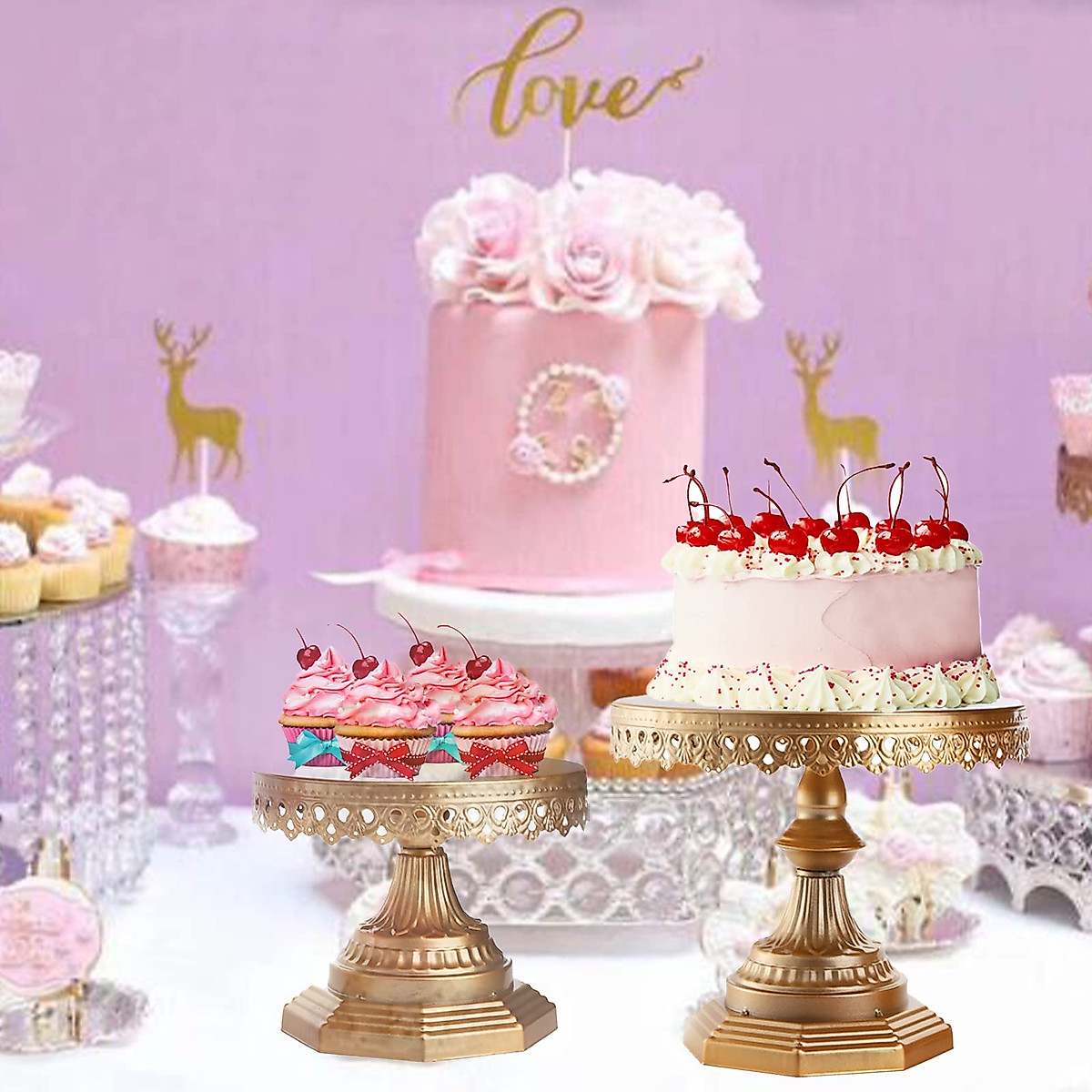 YOUEON Set of 3 Metal Gold Cake Stands, 8/10/12 Inch Round Metal Cupcake Display Stands, Dessert Stand Cake Stand for Dessert Table, Weddings, Birthday, Parties, Octangular Pedestal