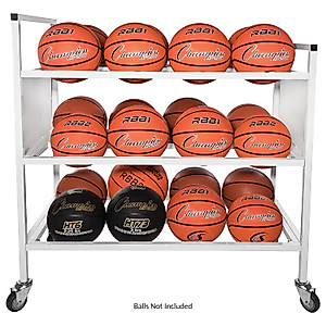 Champion Sports Three Tier Basketball Storage Cart with Swivel Caster Wheels, 24 Ball Capacity (White)
