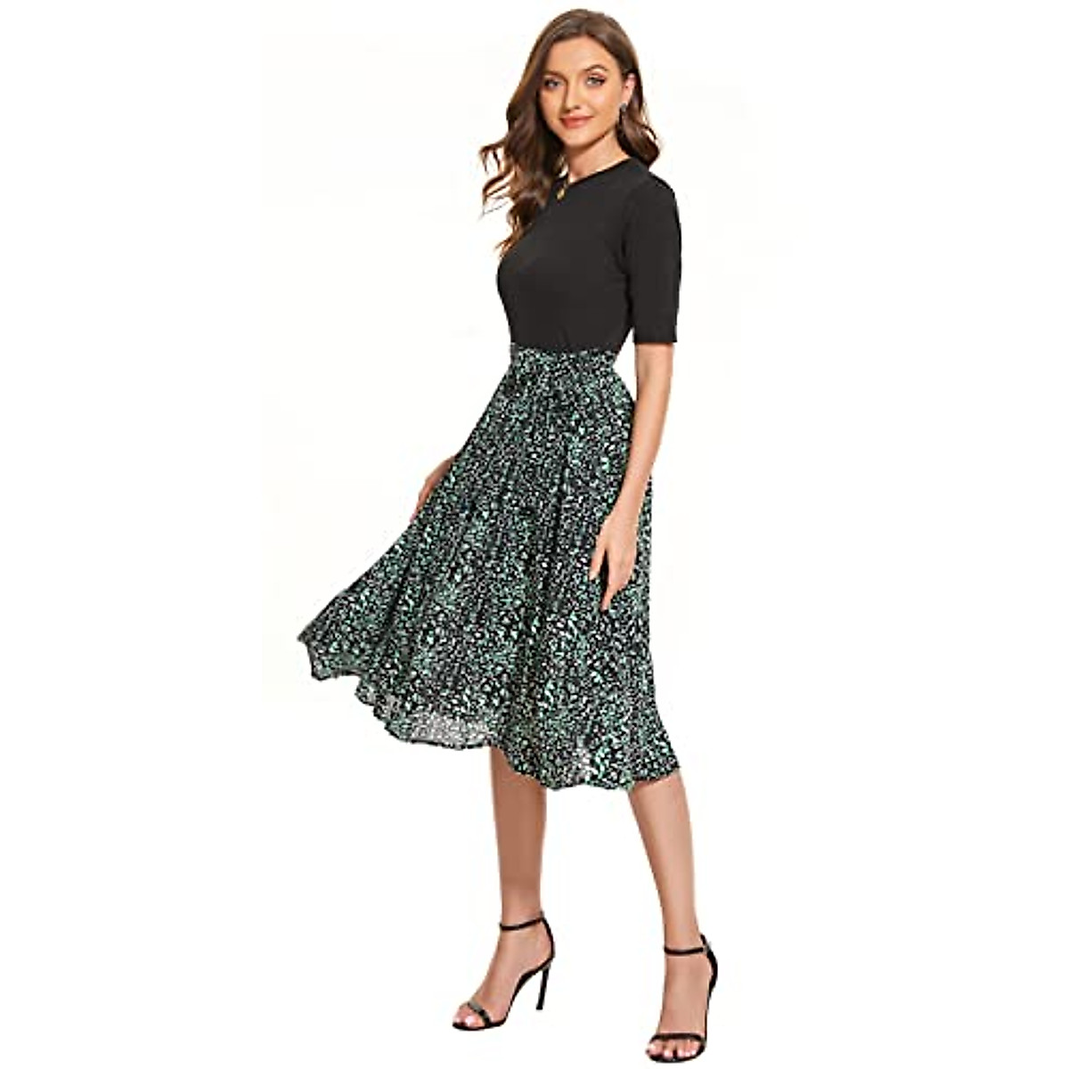 CISMARK Womens Half Sleeve Ribbed Midi Dress Modest Casual Work Dress with Pockets Black Print XL