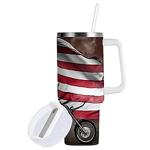 Motorcycle American Flag Vacuum Insulated Tumbler with Handle and Straw Lid for Water, Insulated Tumbler Cups 30 OZ / 0.89 L