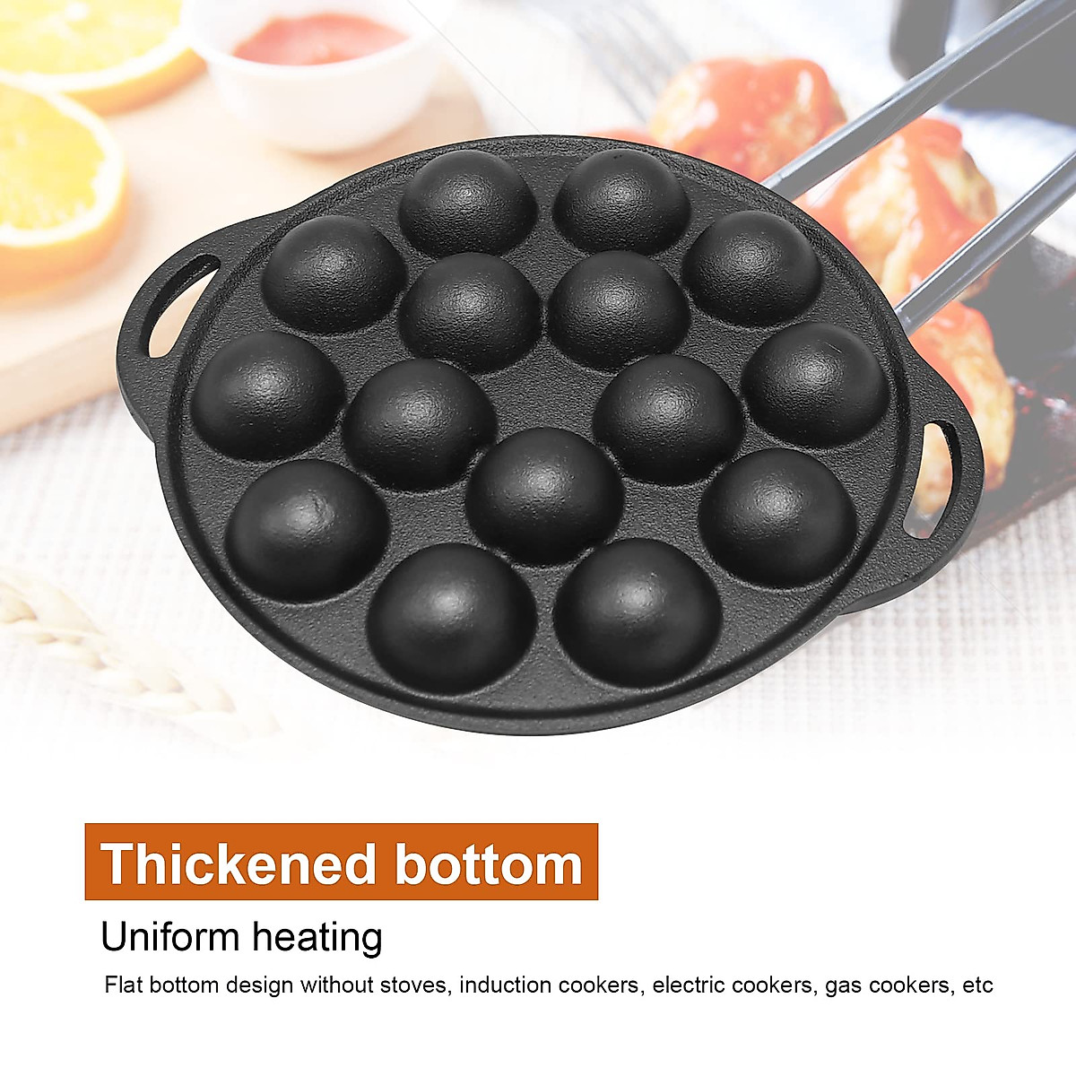 Cast Iron Takoyaki Pan,15 Hole NonStick Octopus Ball Maker Round Cooking Plate 1.5" Half Sphere Takoyaki Maker