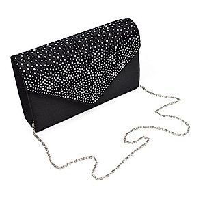 Premium Rainbow Rhinestones Pleated Front Satin Envelope Clutch Evening Bag, Black
