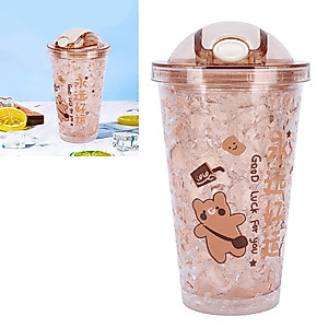 Cute Water Tumbler, 450ml Water Drinking Cup Reusable Double Wall Water Bottle with Straw Kawaii Water Bottle for Home Travel Tumbler(Brown)